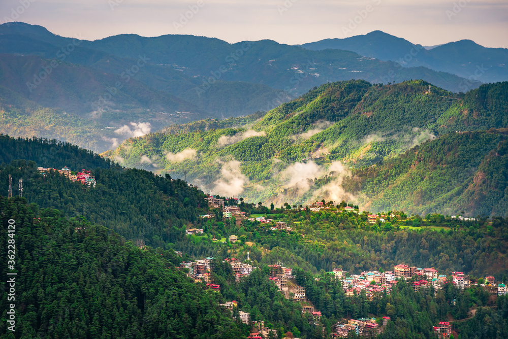 Beautiful panoramic landscape from mall road of Shimla, the state ...
