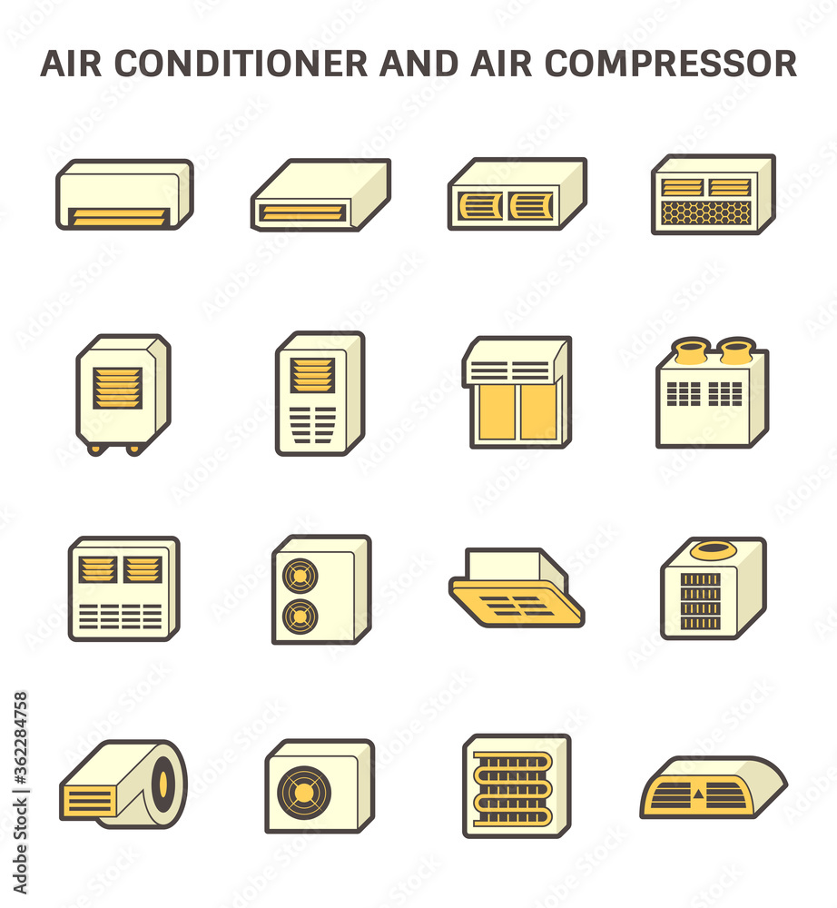 Air conditioner and air compressor part of hvac system vector icon set ...