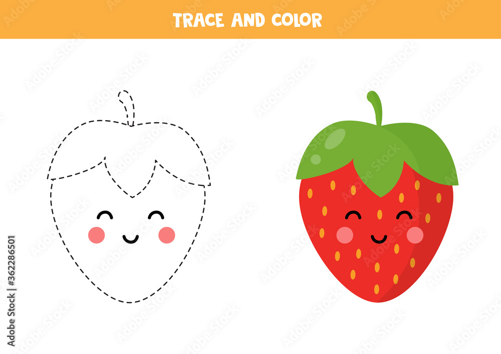 Trace and color cute kawaii strawberry. Educational worksheet. Stock ...