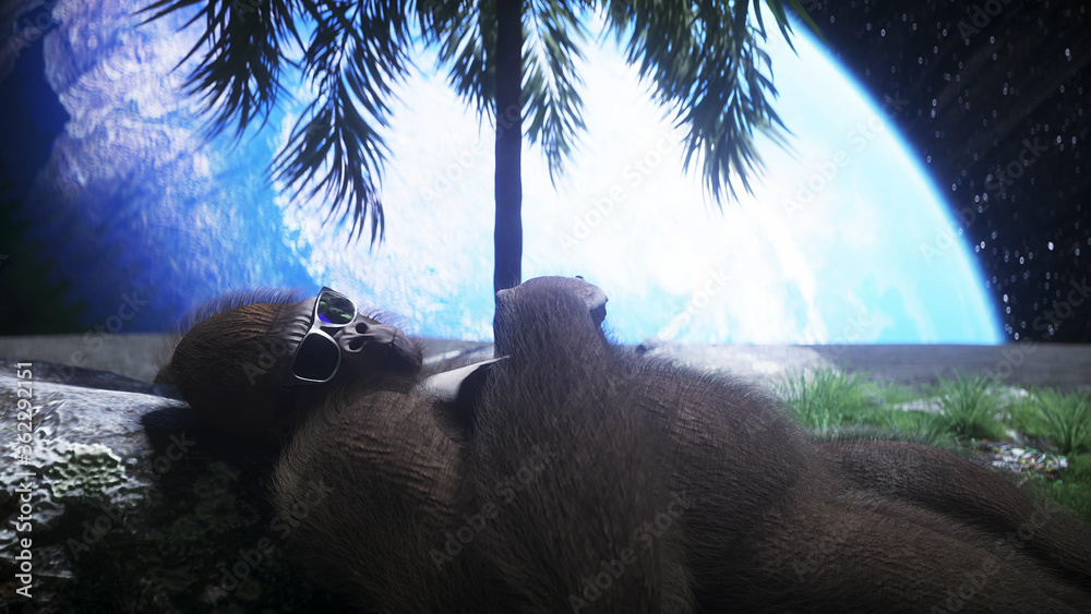 Gorilla idle on the moon oasis. 3d rendering. Stock Illustration ...