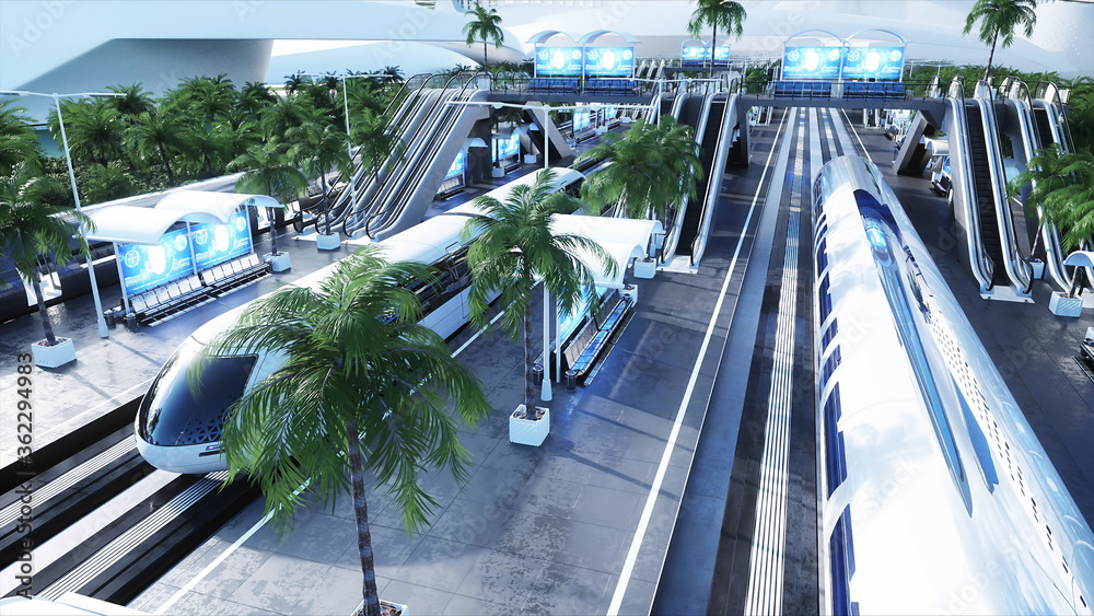 Sci Fi railway futuristic station. Future concept. Aerial view. 3d ...
