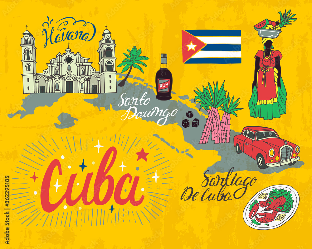 Illustrated tourist map of Cuba. Attractions and national features of ...