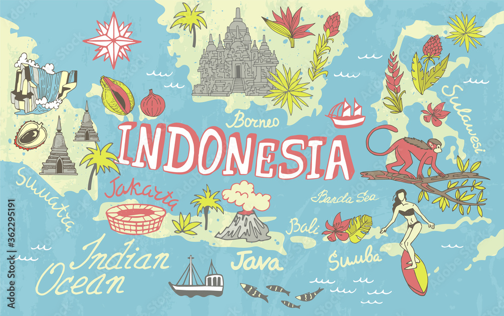 Illustrated tourist map of Indonesia. Attractions and national features ...