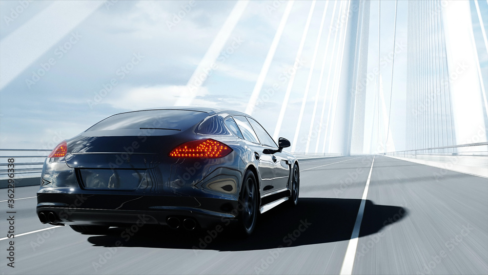 3d model of black sport car on the bridge. Very fast driving. 3d ...