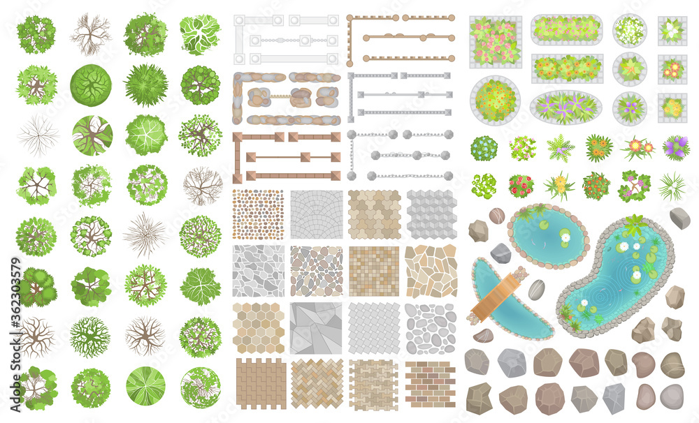 Set of park elements. (Top view) Collection for landscape design, plan ...
