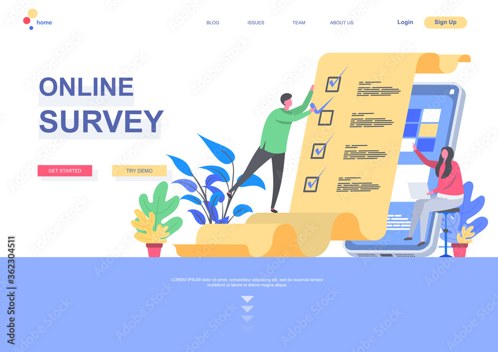 Online survey flat landing page template. Internet interview and voting ...