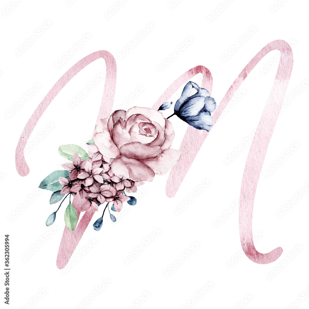 Pink letter M, alphabet with watercolor flower and leaves. Letterhead ...