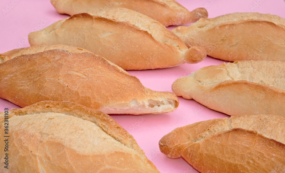 Arragement of loaves of Mexican white bread, Bolillo Fleima ...
