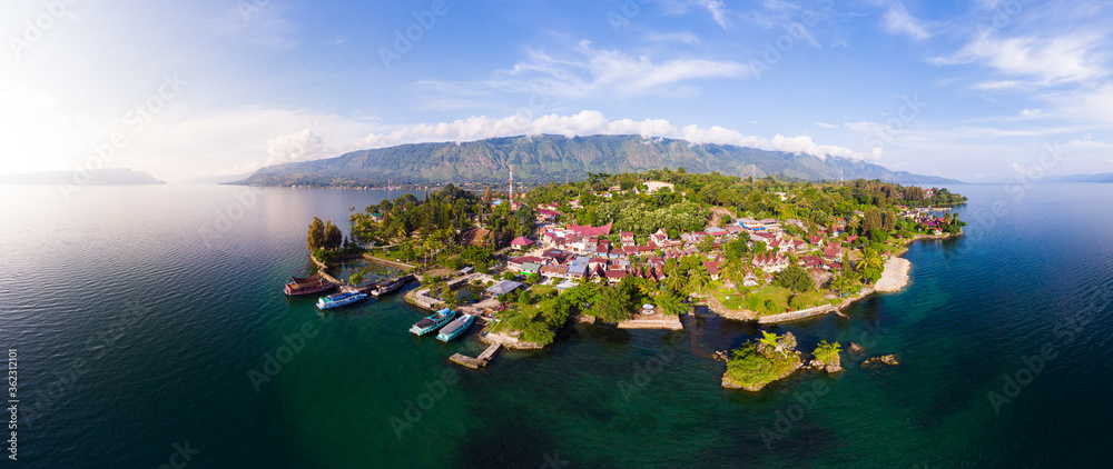 Aerial: lake Toba and Samosir Island view from above Sumatra Indonesia ...