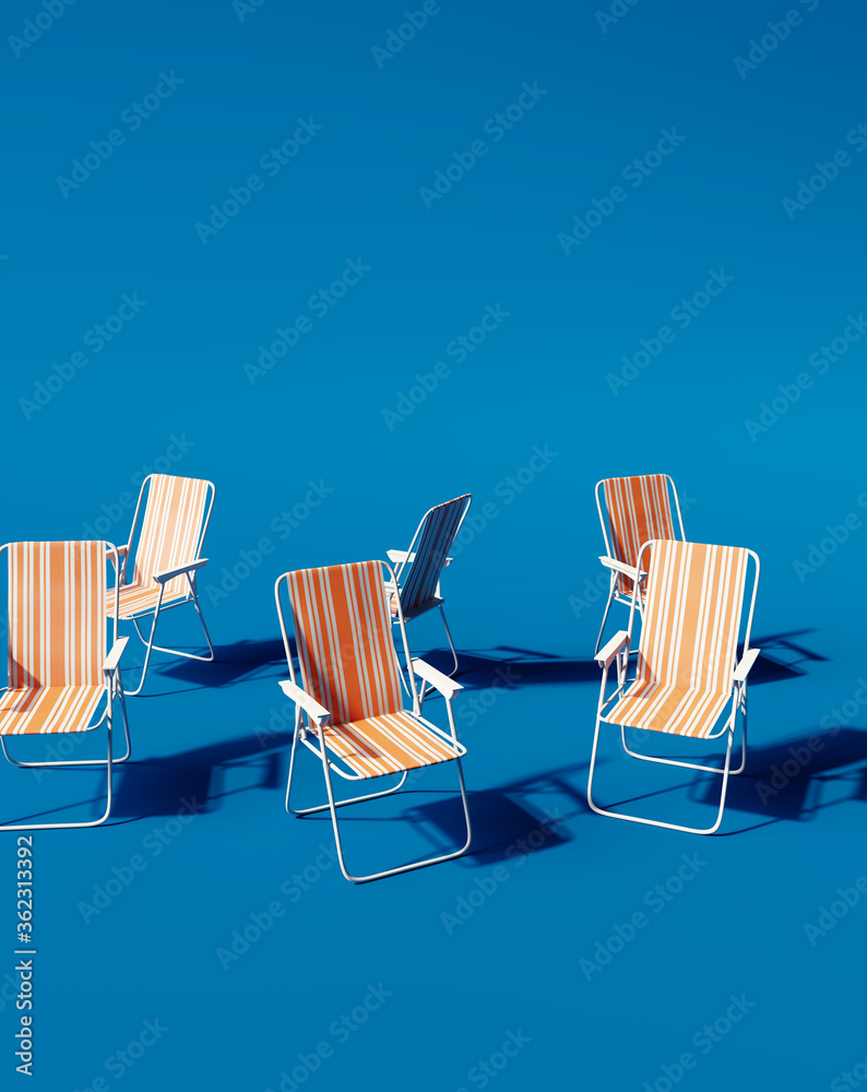Beach chairs on blue background. Summer vacation concept. 3d rendering ...