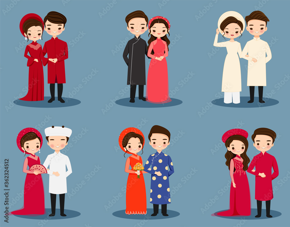 cute Asian Vietnamese couple cartoon character collection set for ...