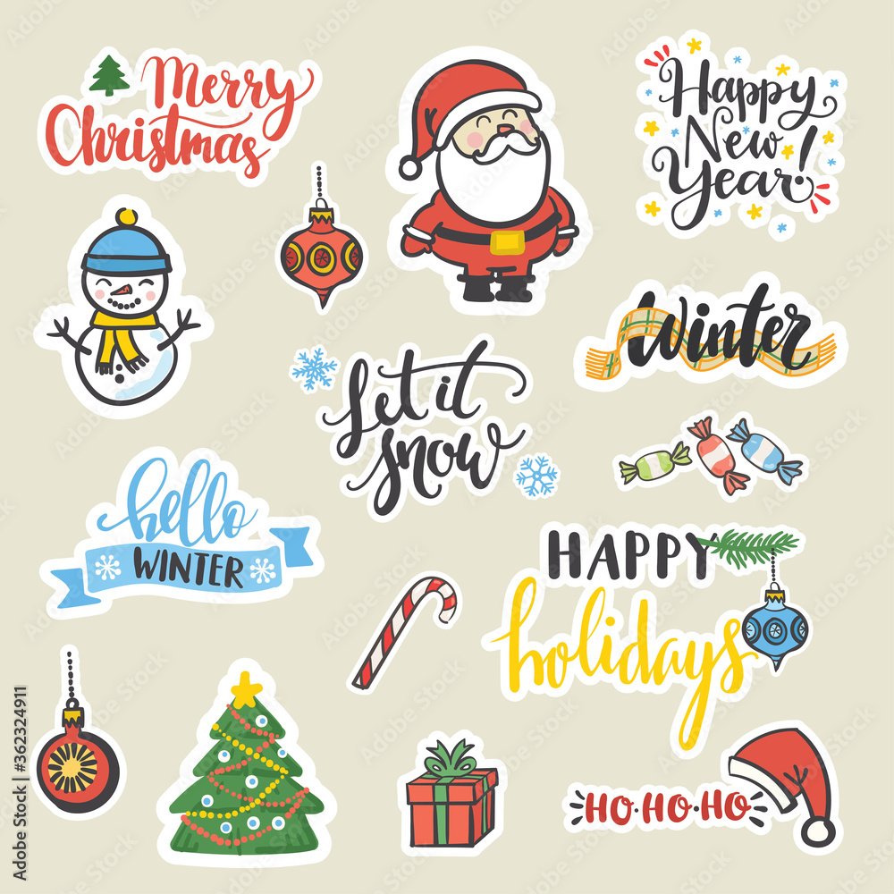Christmas Stickers Collection - hand drawn vector illustration set ...