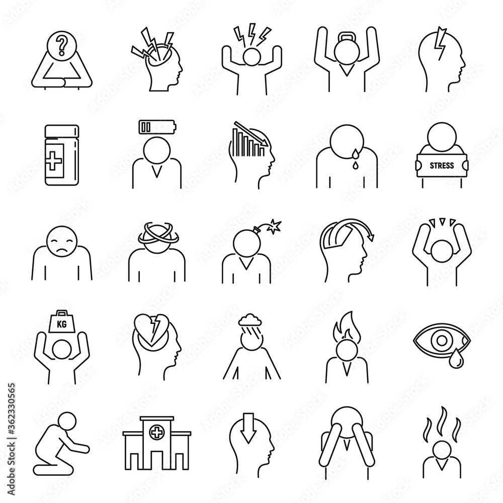 Stress emotion icons set. Outline set of stress emotion vector icons ...