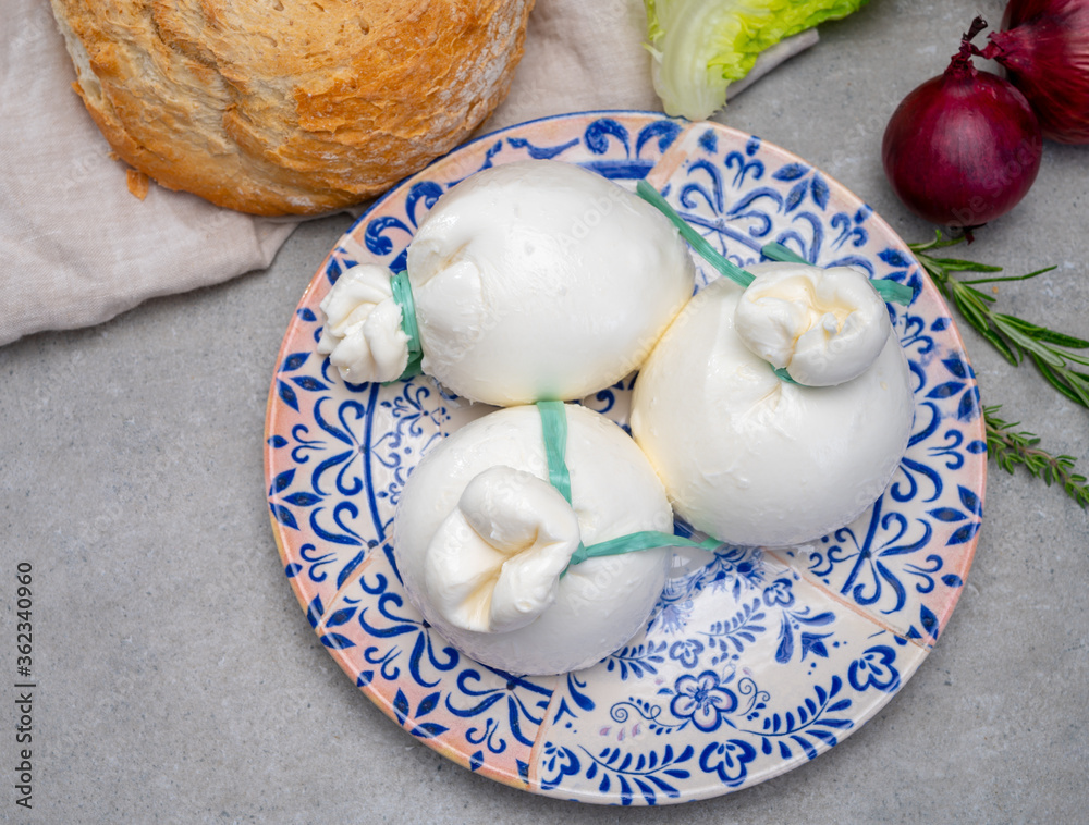 Cheese collection, fresh soft Italian cheese from Puglia, white balls ...
