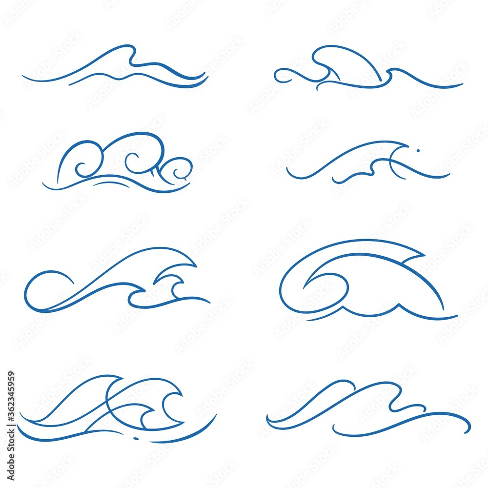 Vector set of a different simple stylized ocean waves drawn in thin ...