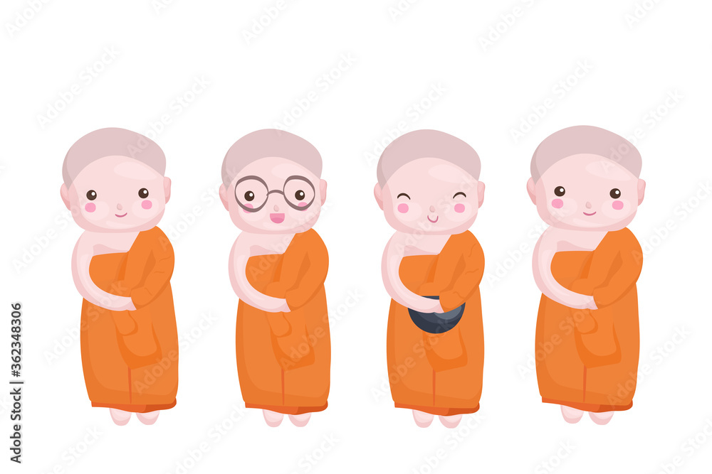 Four cute Thai monks in orange robes. Kawaii style funny & happy ...