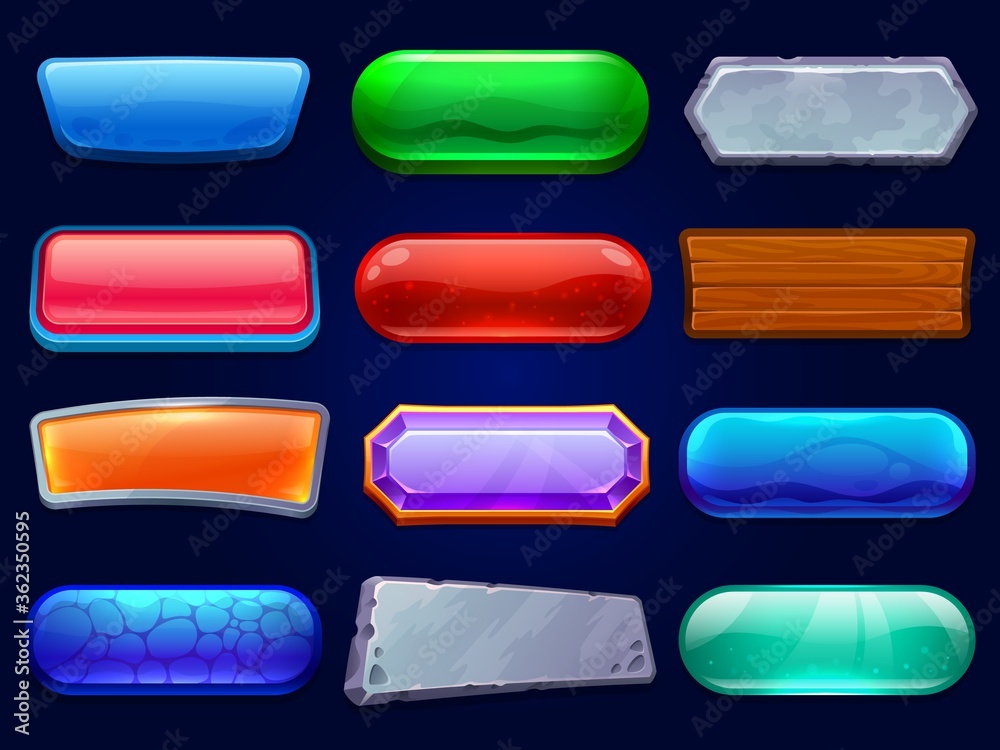 Game buttons. Gaming options panel, menu interface frames and game UI ...
