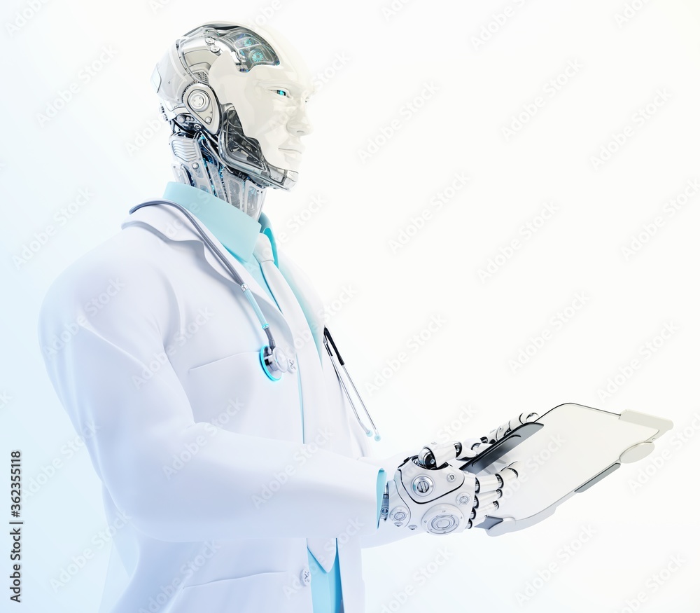 Humanoid robot doctor with stethoscope wears medical gown and tie ...