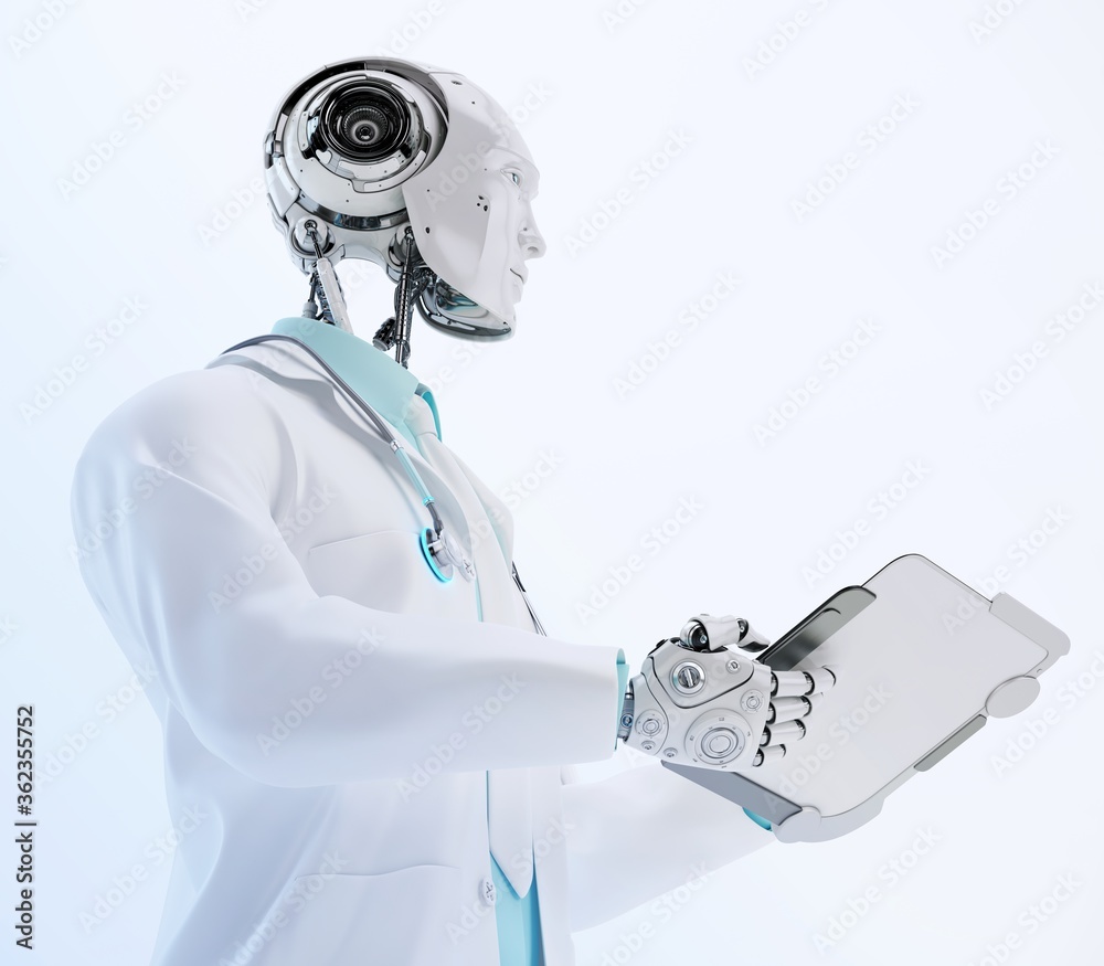 Humanoid robot doctor with stethoscope wears medical gown and tie ...
