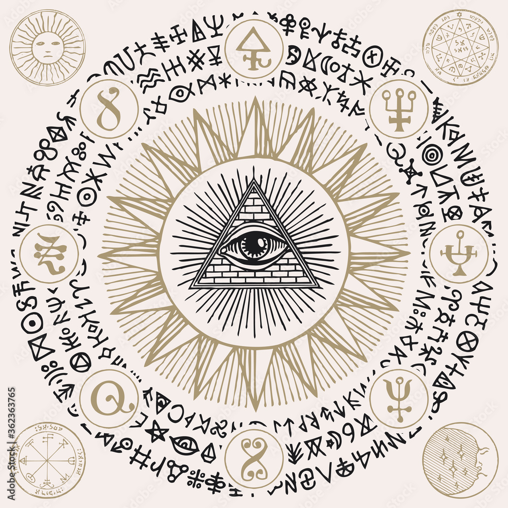 Illustration with an all-seeing eye, alchemical and Masonic symbols ...