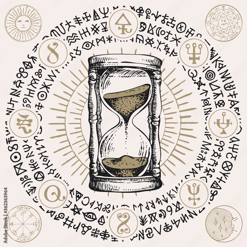 Hand-drawn hourglass with running sand inside in vintage style. Time ...