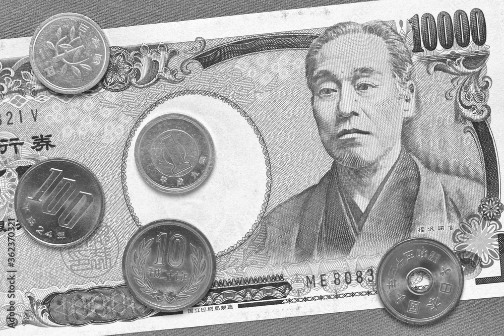 Japanese money: a banknote of 10,000 and coins of 100, 10 and 1 yen ...