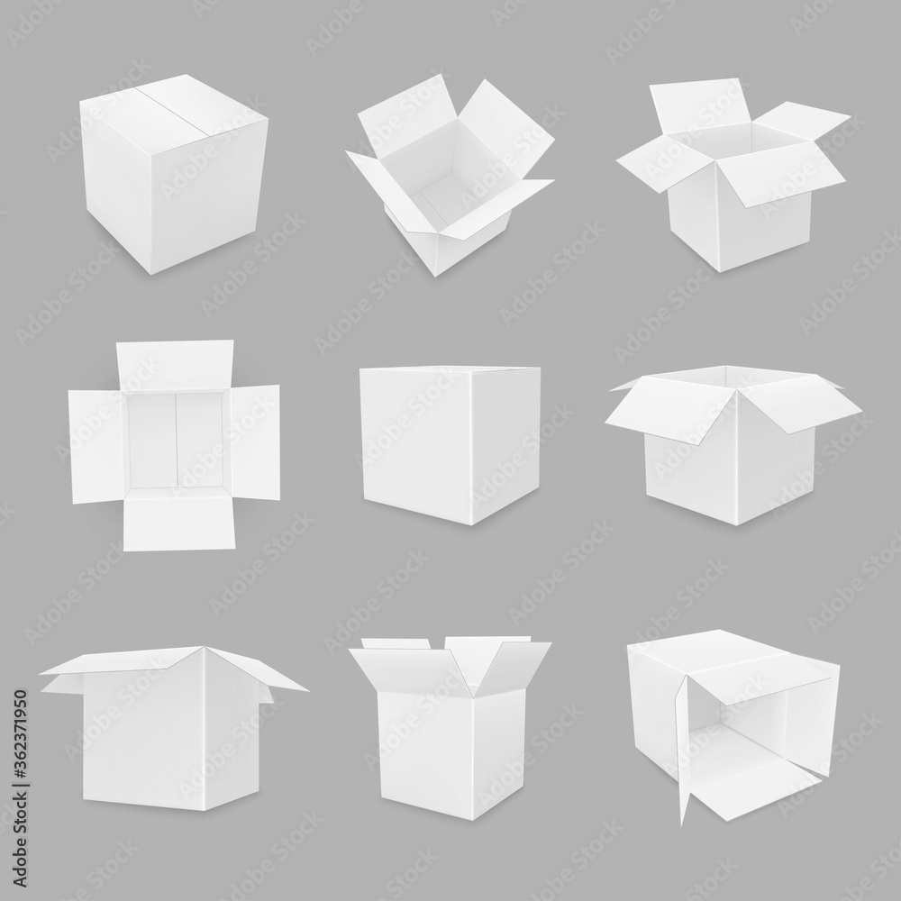 Cardboard boxes white in different positions, angles realistic mockups ...