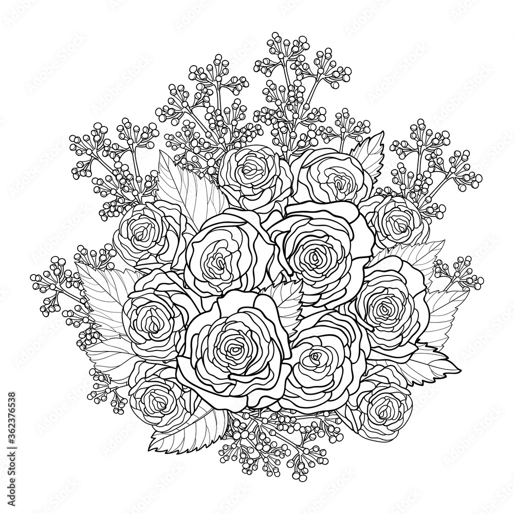 Round bouquet with outline rose flower and leaves in black isolated on ...