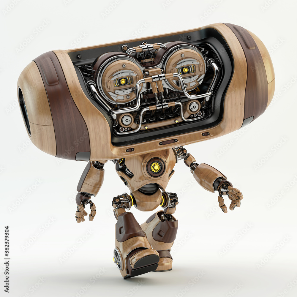 Cool wooden robotic creature - toy with big, wide head in front moving ...