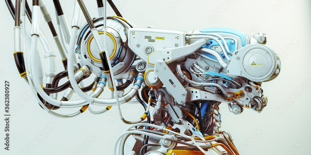 Unusual wired alien guardian head in profile. Connected robotic ...