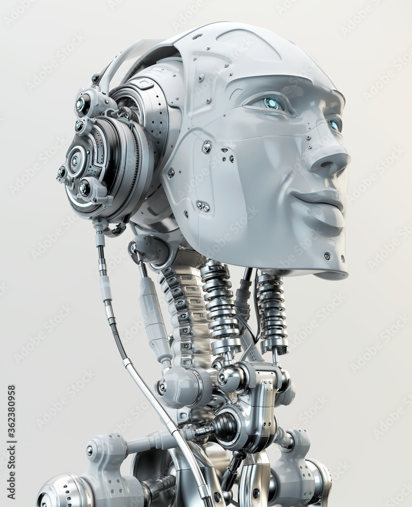 Stylish robotic head in side view listening to music in wired ...