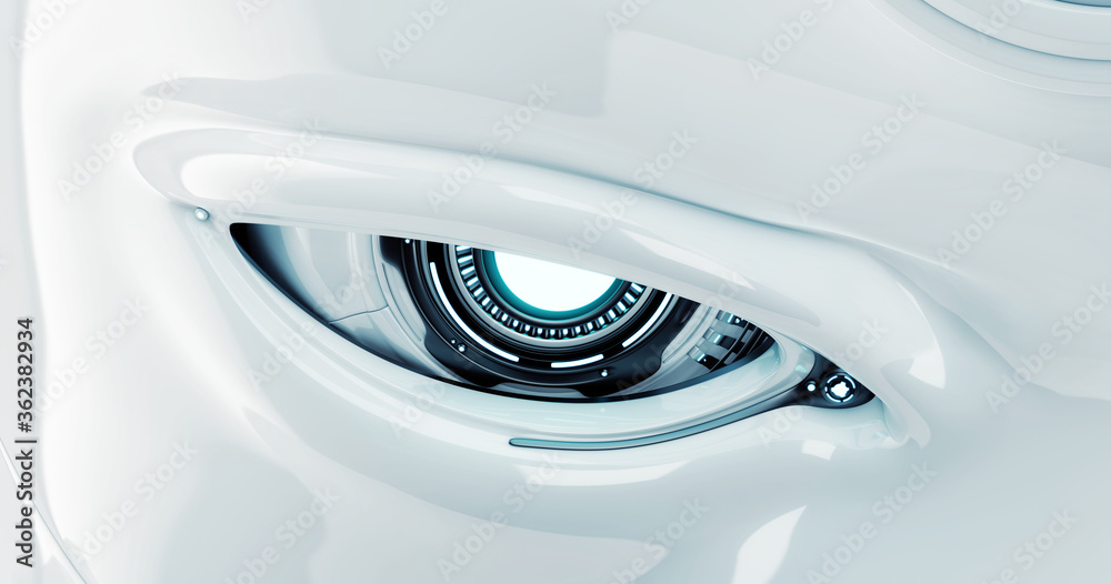 Cyber eye closeup with signs. Serious robotic eye 3d rendering Stock ...