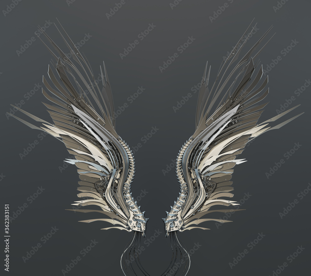 Stylish two steel robotic artificial wings, 3d rendering Stock ...