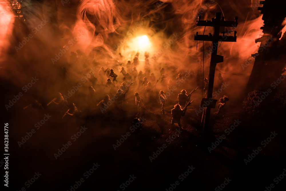 War Concept. Military silhouettes fighting scene on war fog sky ...