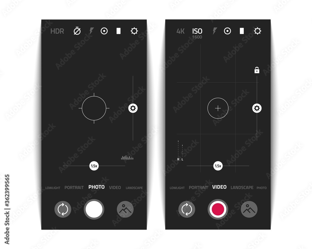 Camera UI. Mobile phone application with photo and video viewfinder and ...