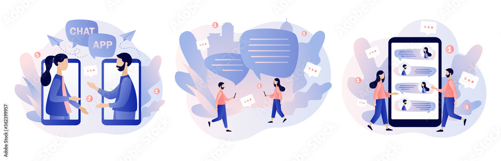 Mobile chat App. Tiny people using mobile smartphone for chatting ...