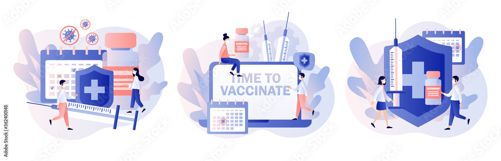 Time to vaccinate. Vaccination concept. Tiny people doctors with ...