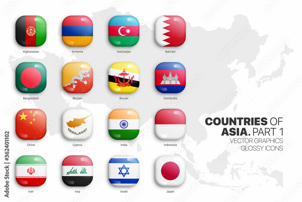 Asian Countries Flags Vector 3D Glossy Icons Set Isolated On White ...