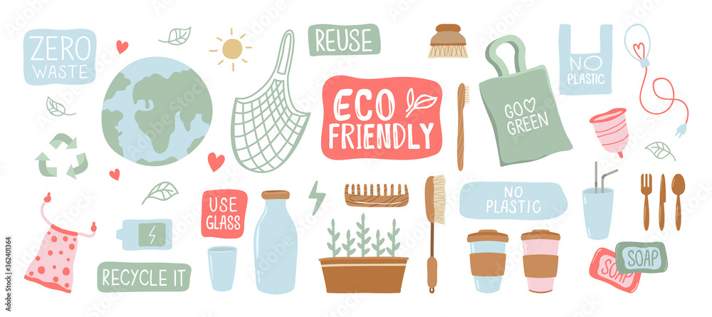 Go green! Save the planet set! Zero waste web banner, eco lifestyle ...