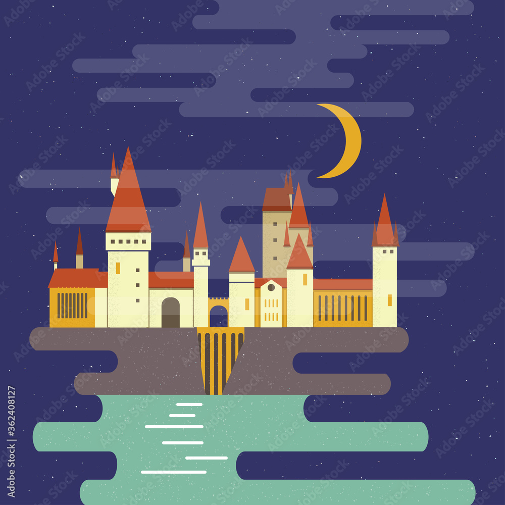 Cartoon castle isolated vector illustration. School in moonlight ...