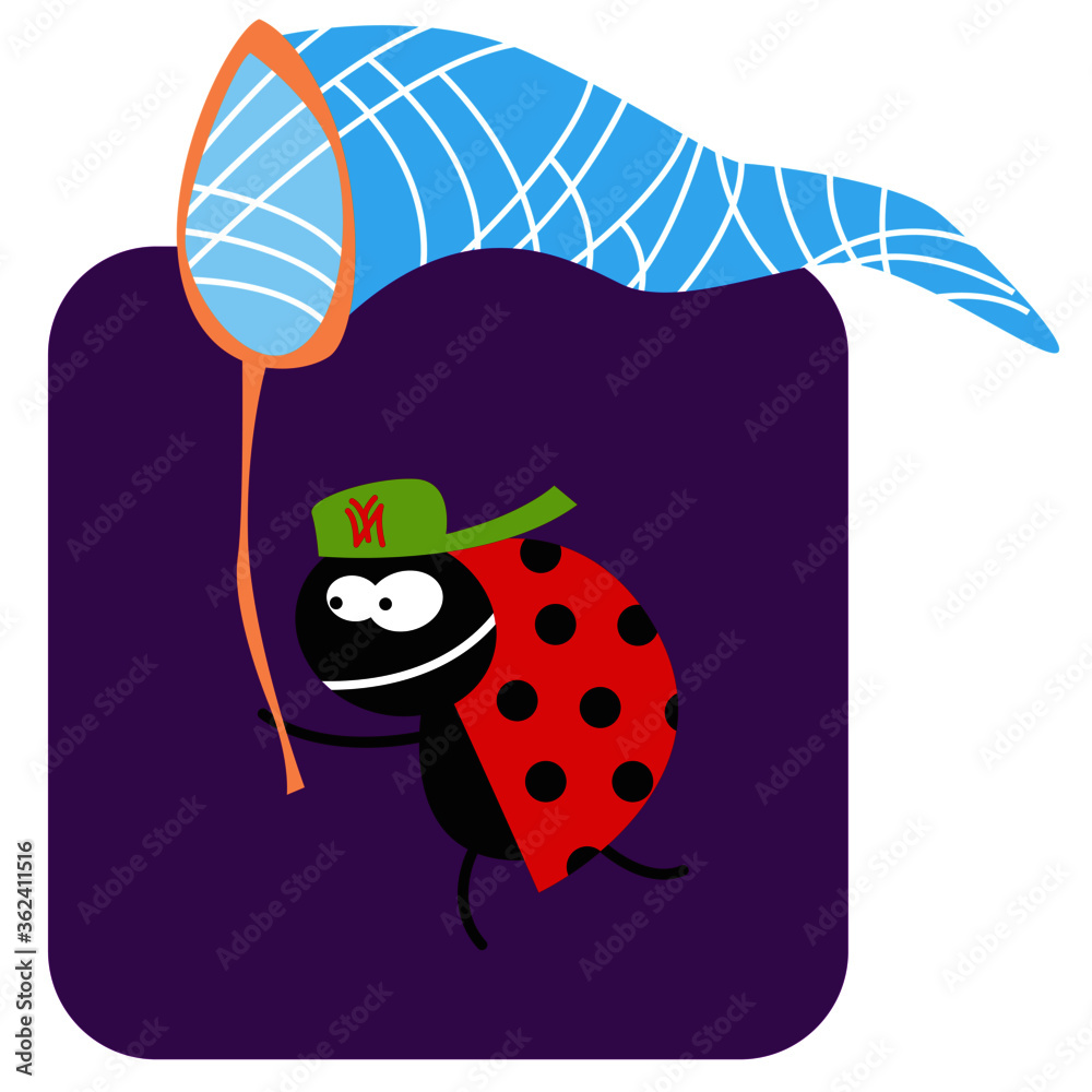life of insects. beetle with a butterfly net on the hunt. vector ...