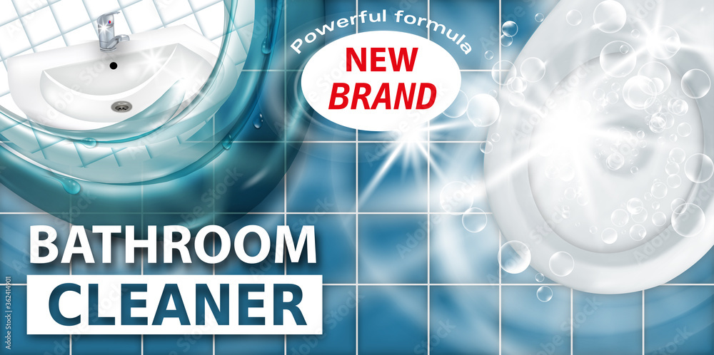 Bathroom cleaner. Cleaning of toilet and ceramic sink. Ad and package ...