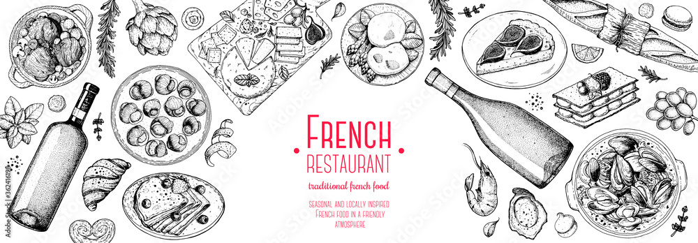 French food top view, Hand drawn. Classic French dishes. Food menu ...