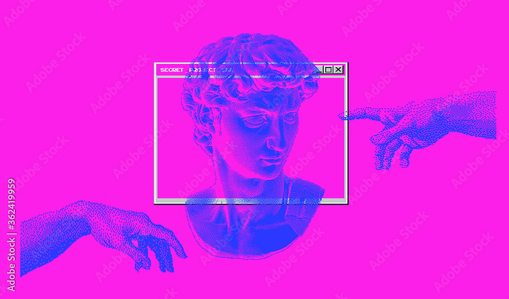 Pixel art 3D rendering of Michelangelo's David head. Retrofuturistic ...