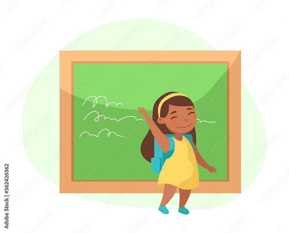 Little Girl Stand at Blackboard Waving Hand Greeting Classmates in ...