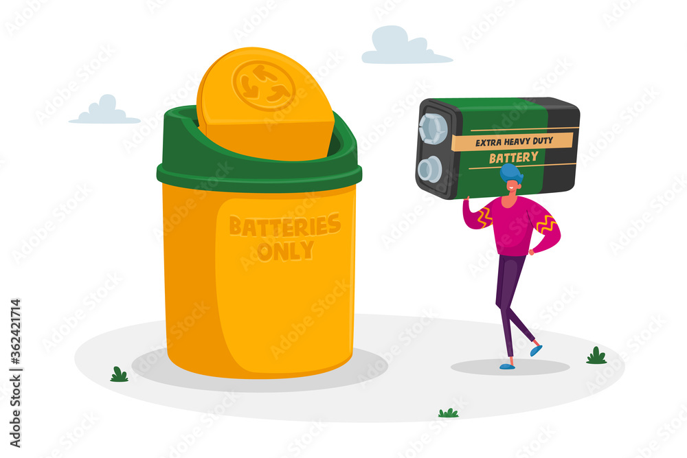 E-waste Batteries Recycling, Nature Protection Concept. Tiny Male ...
