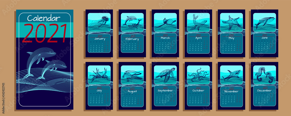 Desk calendar 2021. Design template with illustrations of sea animals ...