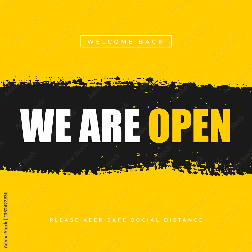 We are open yellow background. Open sign on the front door - welcome ...