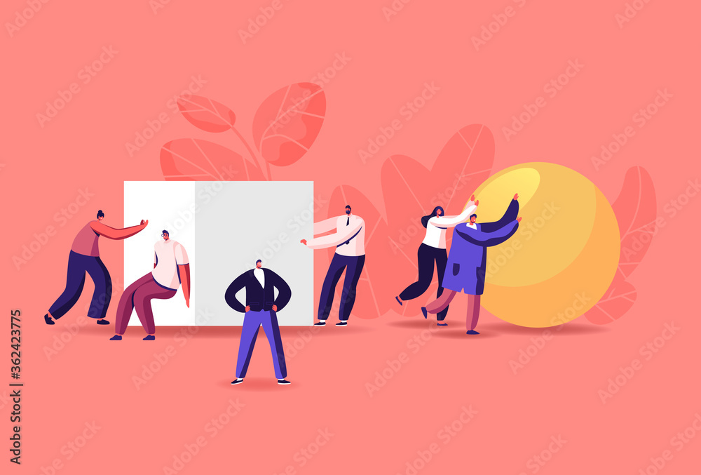 Tiny Business People Pushing Huge Geometric Shapes Ball and Cube. Men ...