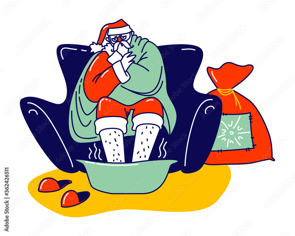 Sick Santa Claus Sore Feet Sitting on Couch Wrapped in Plaid. Christmas ...